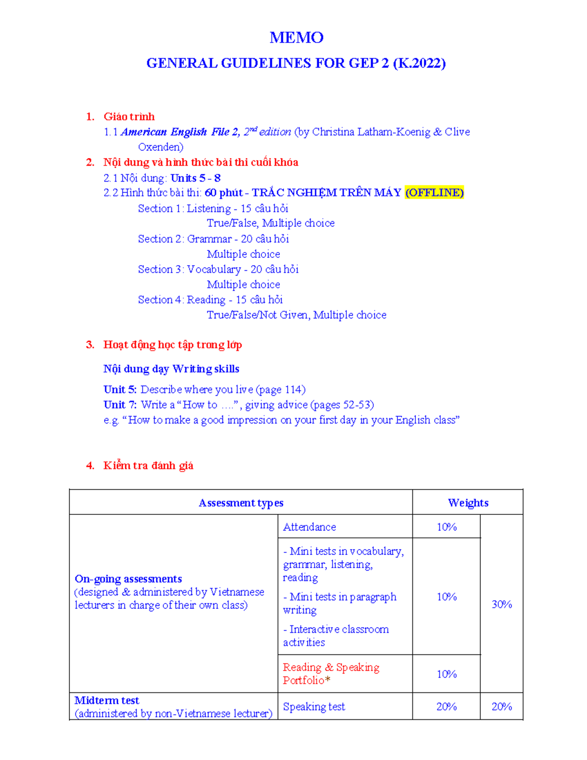 MEMO FOR GEP 2 (K - hịhwj - MEMO GENERAL GUIDELINES FOR GEP 2 (K) Giáo ...