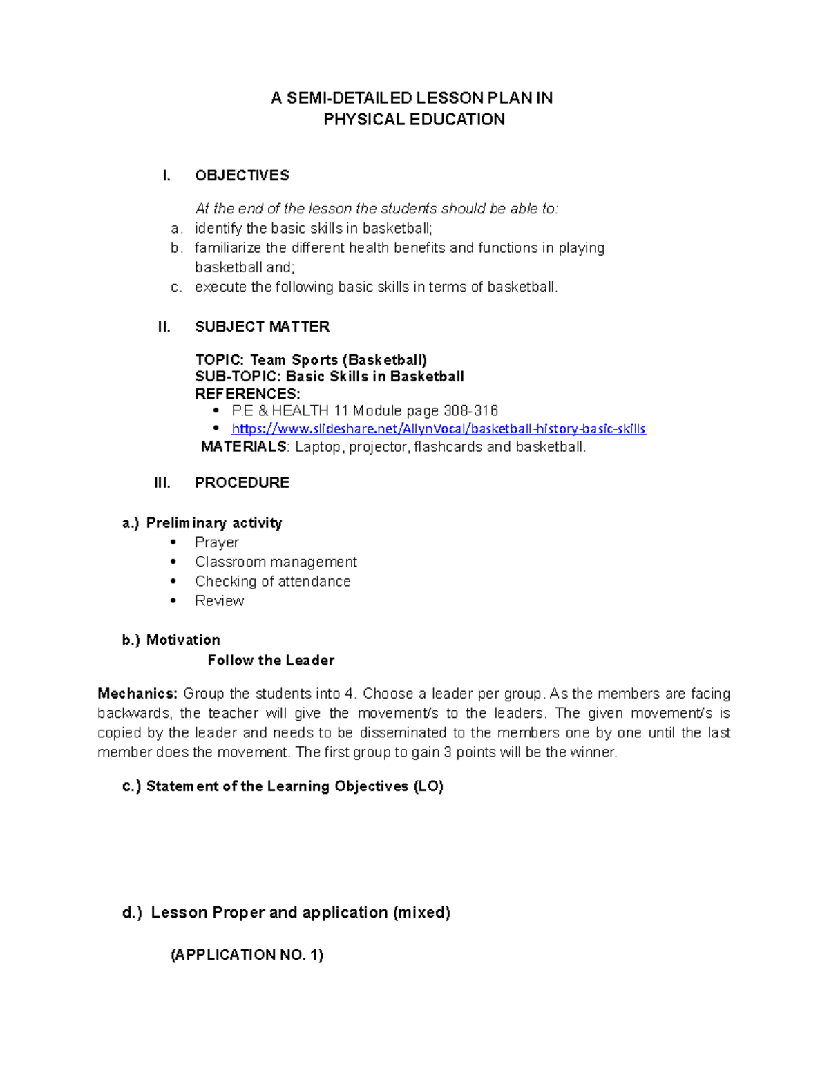 LESSON PLAN IN BASKETBALL TEAM SPORTS A SEMI DETAILED LESSON PLAN