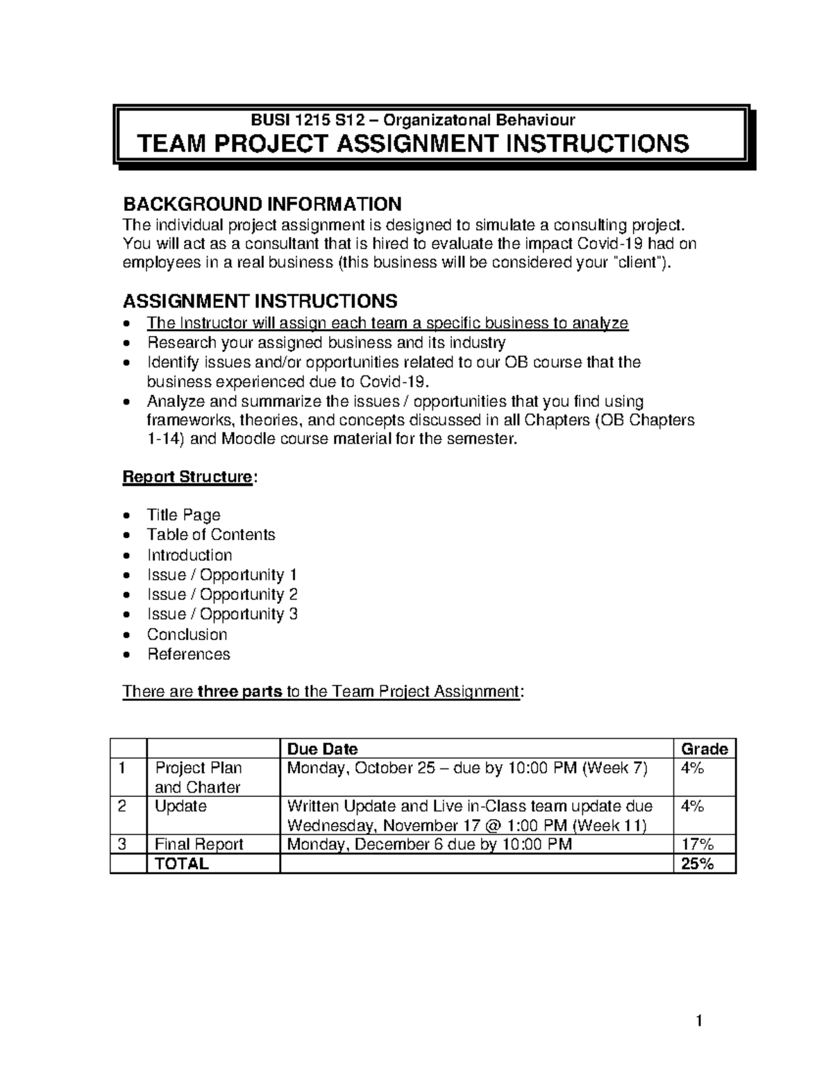 Team Project - Instructions - BUSI 1215 S12 – Organizatonal Behaviour TEAM PROJECT ASSIGNMENT ...