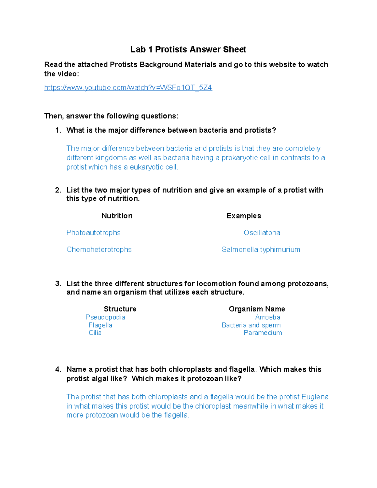 Lab 1 Protists Answer Sheet - Lab 1 Protists Answer Sheet Read the attached Protists Background ...