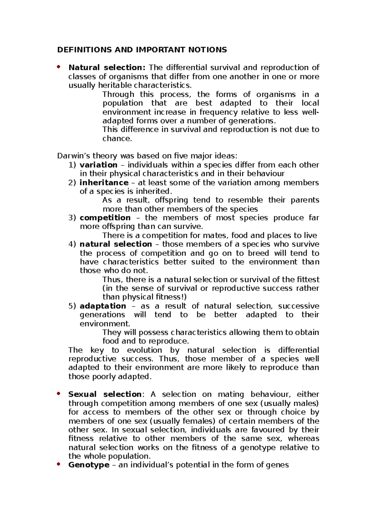 Definitions AND Important Notes - evolution short version - DEFINITIONS ...