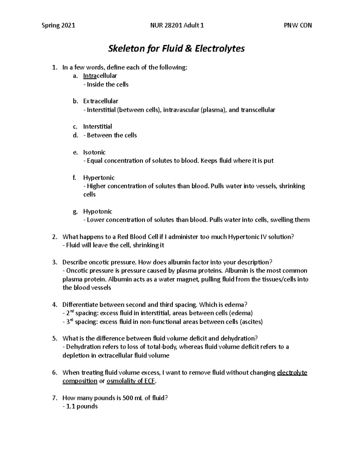 Fluid and Electrolytes skeleton - Spring 2021 NUR 28201 Adult 1 PNW CON ...