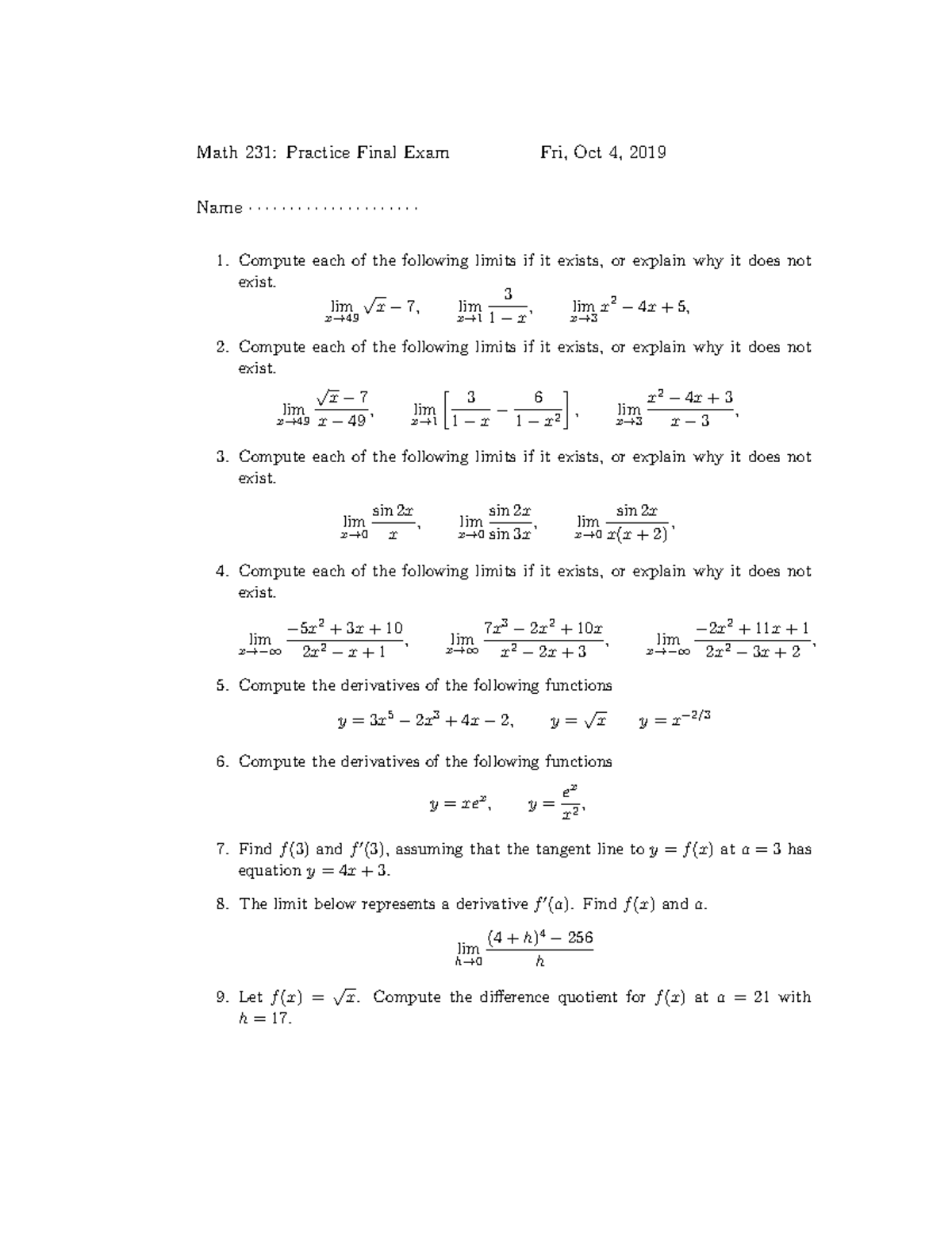 231practice midterm 1[2778] - Math 231: Practice Final Exam Fri, Oct 4 ...