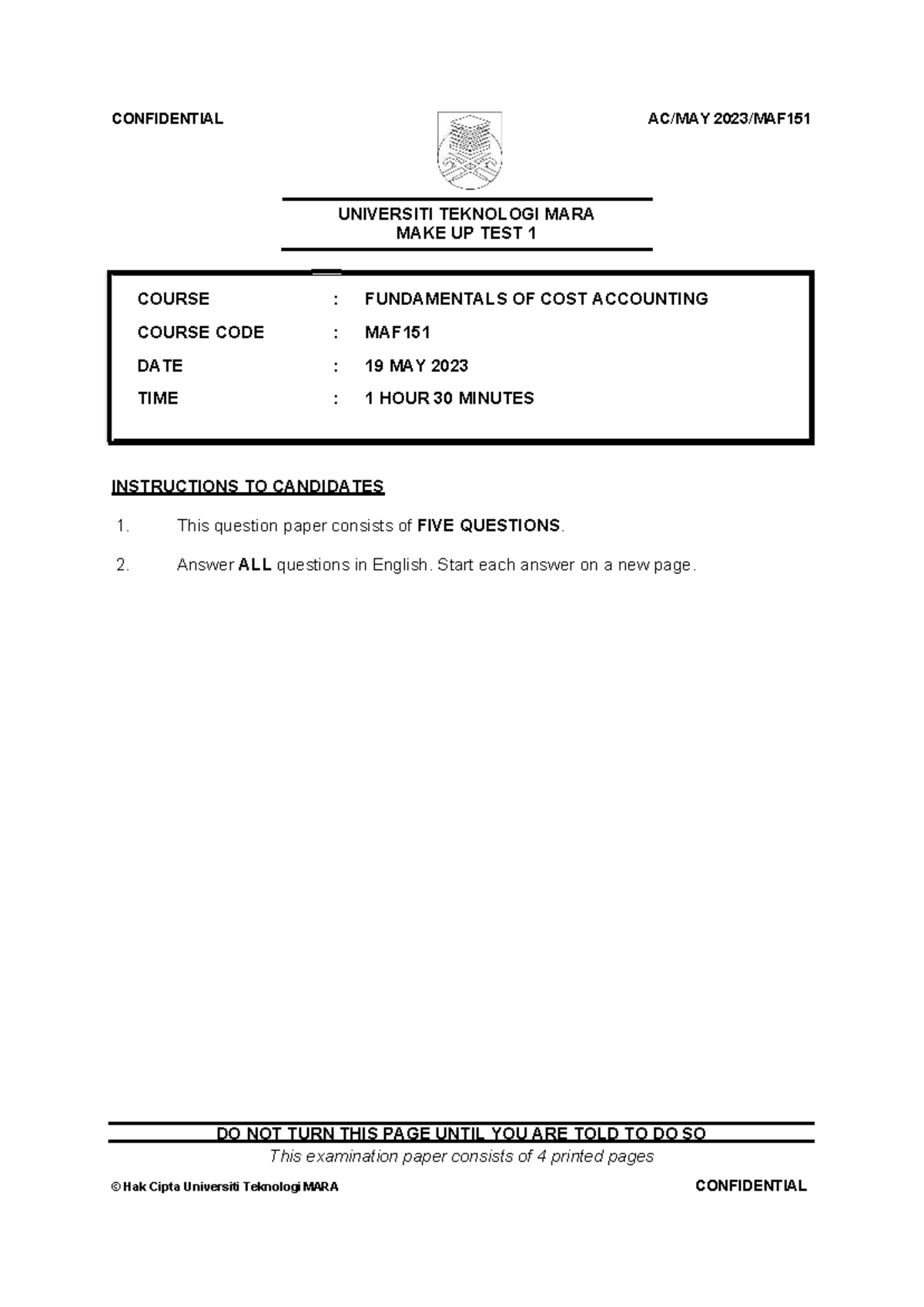 Make Up Test 1 May2023 Q Universiti Teknologi Mara Make Up Test 1