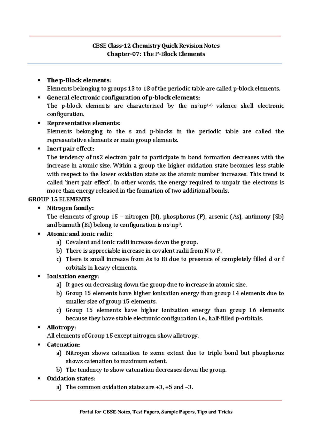 12 chemistry notes ch07 the pblock elements - CBSE Class-12 Chemistry ...
