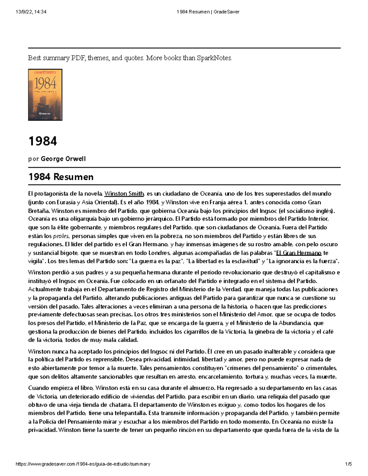 1984 Resumen Grade Saver - Best summary PDF, themes, and quotes. More ...