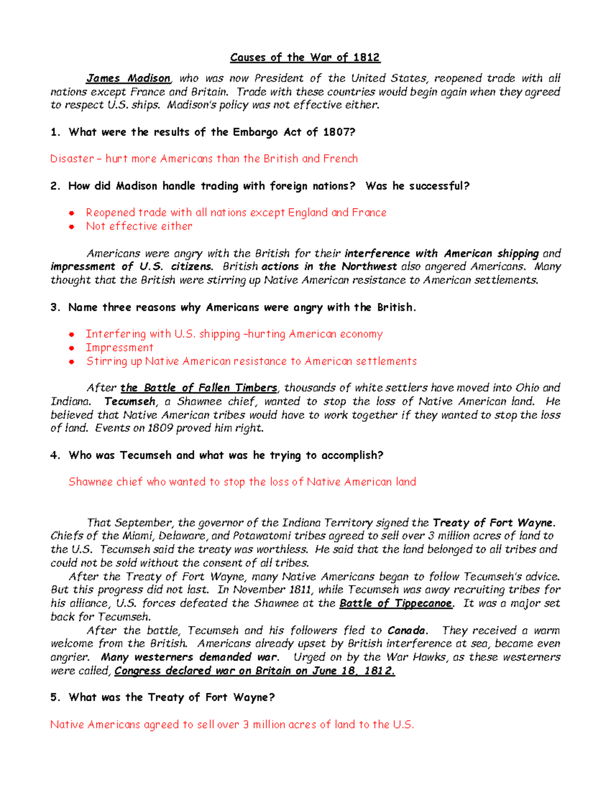 Causes of War of 1812 - Causes of the War of 1812 James Madison, who ...