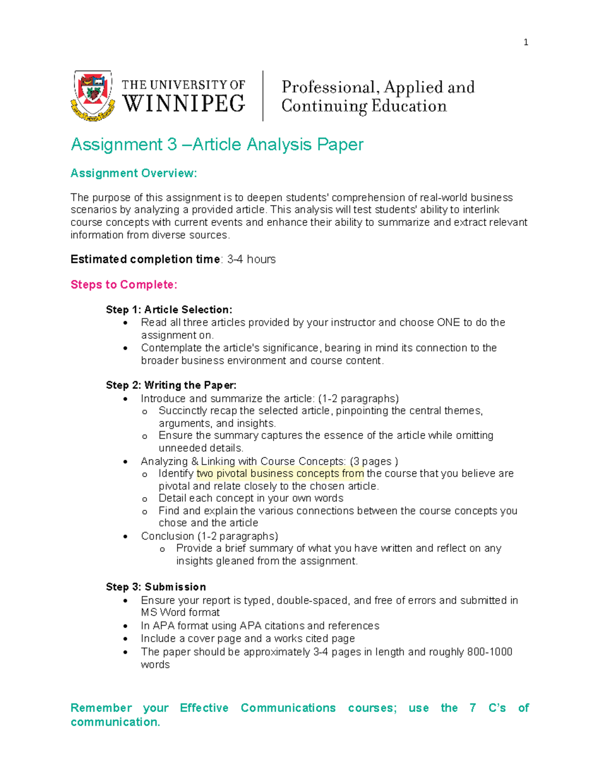 Assignment 3 –Article Analysis Paper - 1 Remember your Effective ...