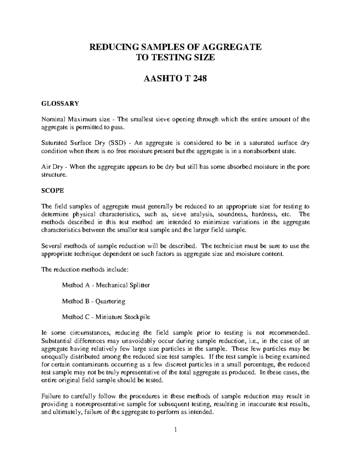 Aashto t248 - wwwwwwww - REDUCING SAMPLES OF AGGREGATE TO TESTING SIZE ...