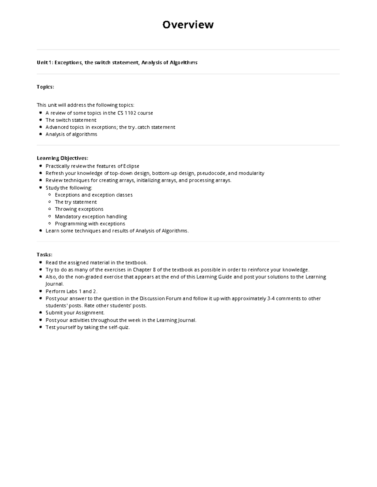 Learning Guide Unit 1 - Overview Unit 1: Exceptions, the switch statement, Analysis of ...