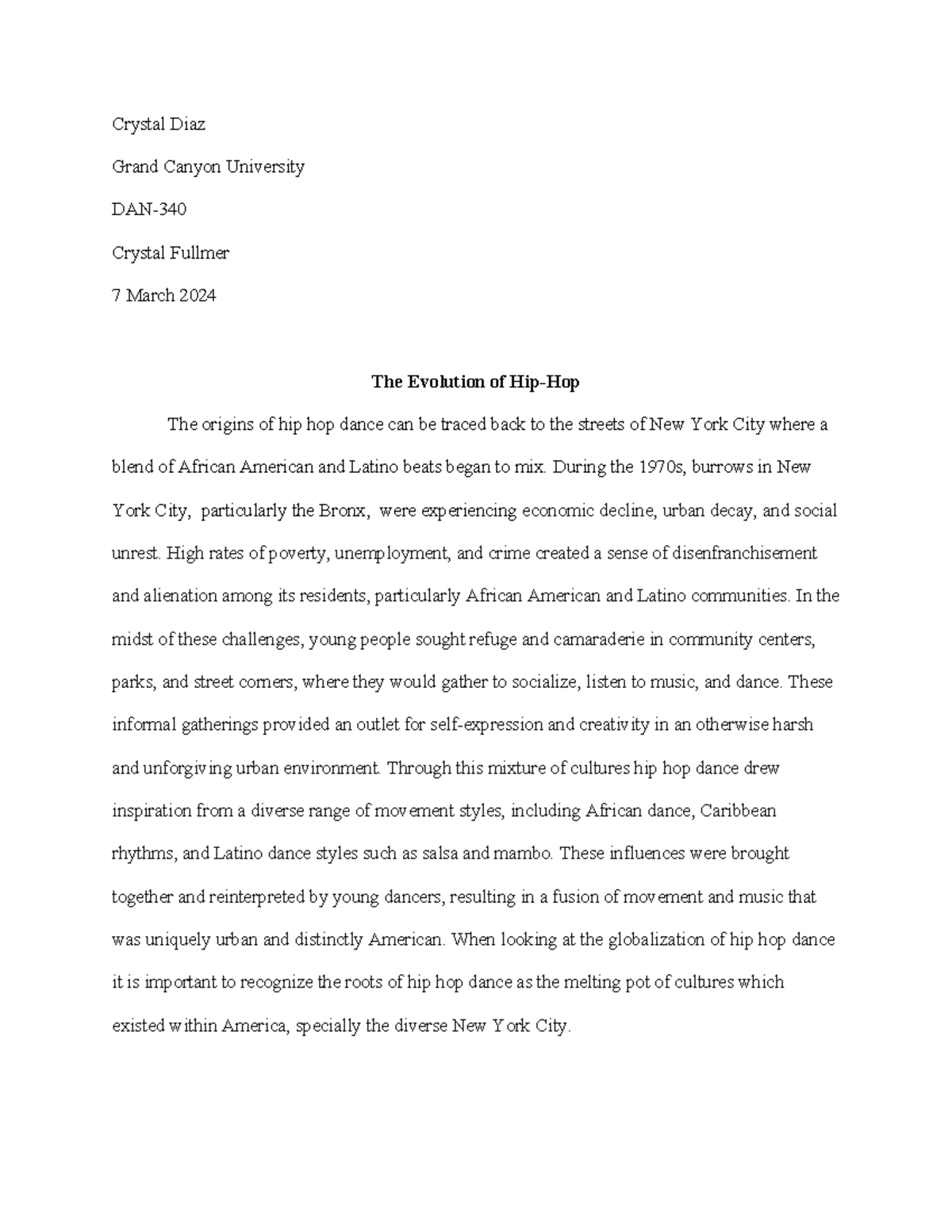 Hip Hop Artist Essay - Crystal Diaz Grand Canyon University DAN ...