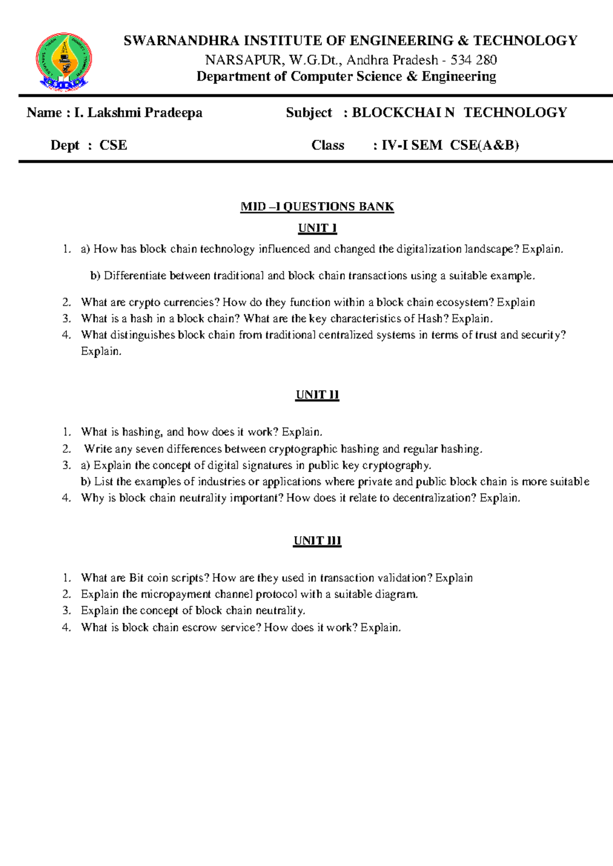 BCT MID 1 QB - ..... - SWARNANDHRA INSTITUTE OF ENGINEERING & TECHNOLOGY NARSAPUR, W.G., Andhra ...