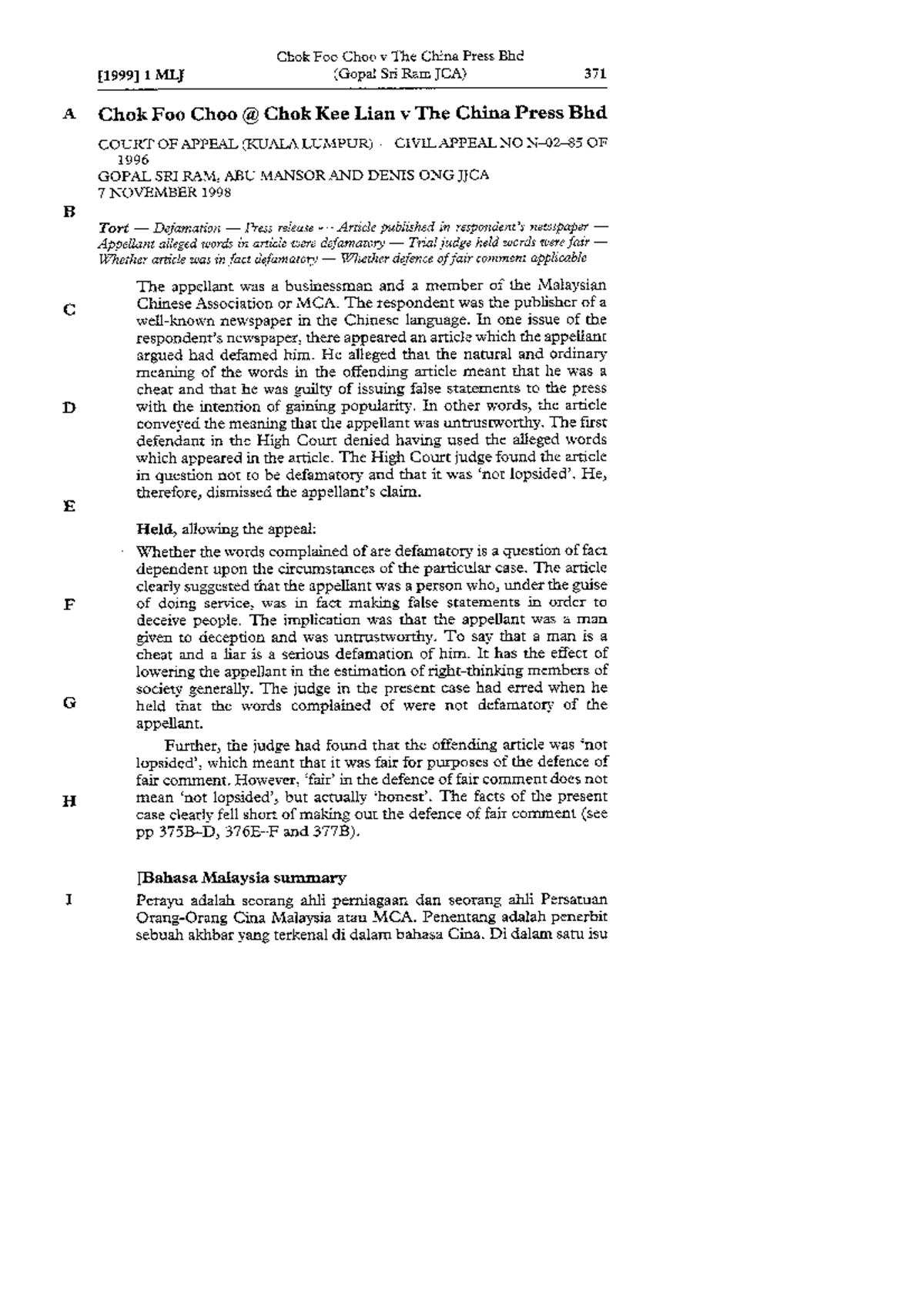 CHOK FOO CHOO @ CHOK KEE LIAN v THE China Press BHD - Civil Procedure I ...