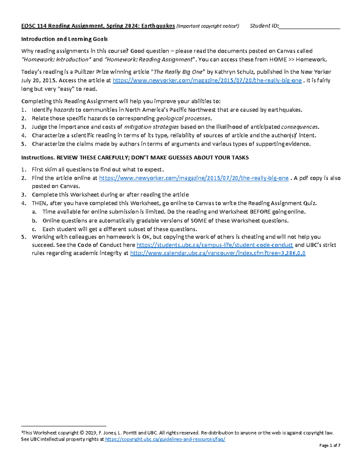 EOSC114 EQ Reading Assignment-Spring 2024 - EOSC 114 Reading Assignment ...