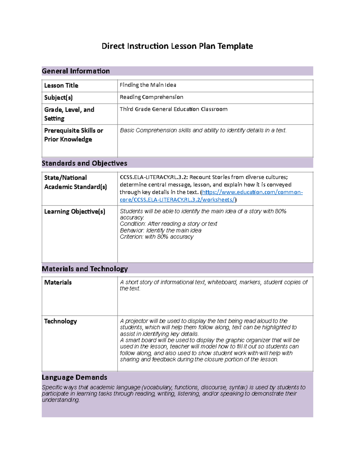 C909 Direct Instruction Lesson Plan Draft 1 - Direct Instruc,on Lesson Plan Template General ...