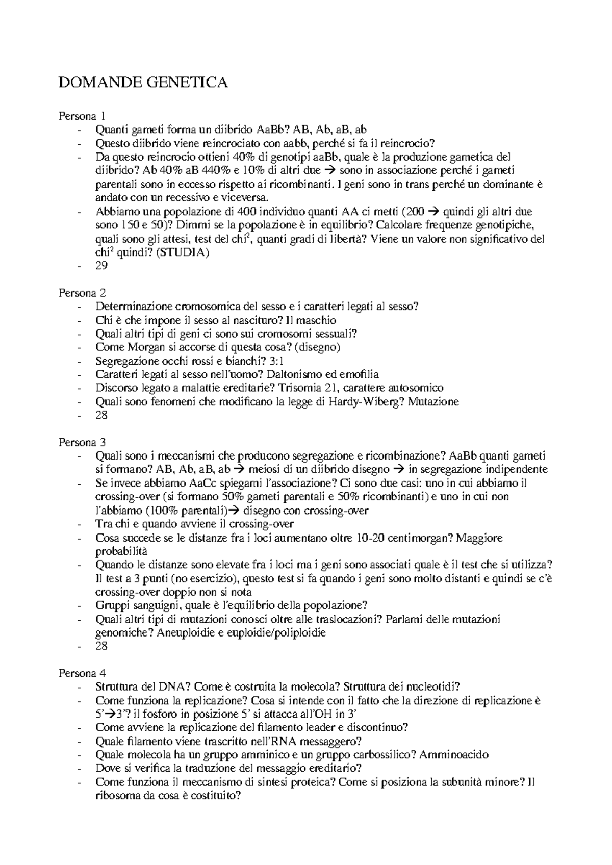 Domande Genetica - DOMANDE GENETICA Persona 1 - Quanti gameti forma un ...