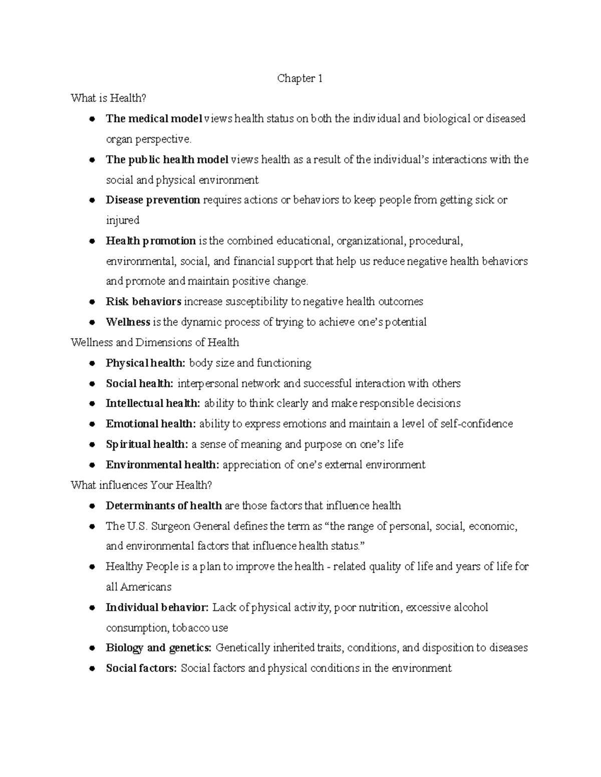 Chapter 1 Notes - Chapter 1 What is Health? The medical model views ...