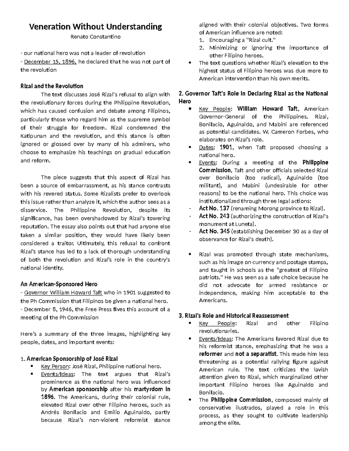 Rizal reviewer - Veneration Without Understanding Renato Constantino ...