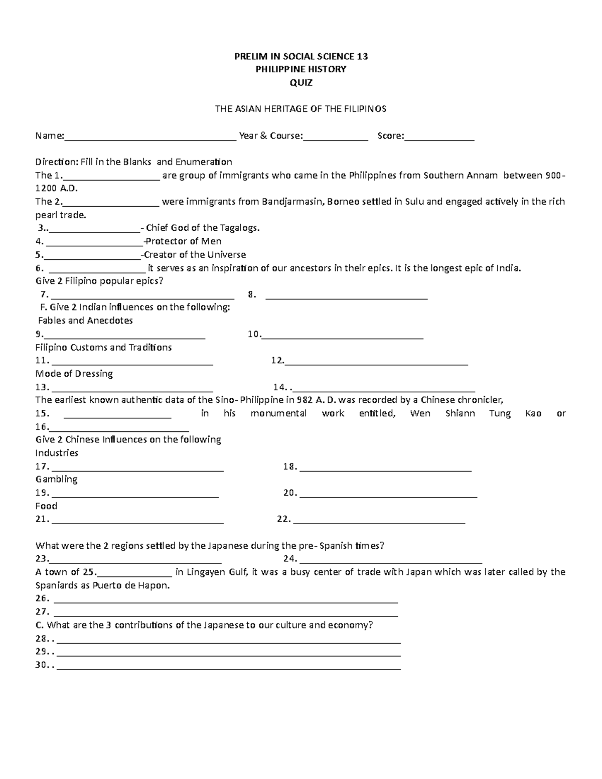 QUIZ- Asian Heritage - PRELIM IN SOCIAL SCIENCE 13 PHILIPPINE HISTORY ...