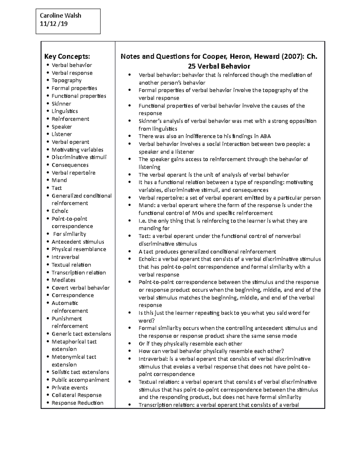 Notes 12 - Key Concepts: Verbal behavior Verbal response Topography ...