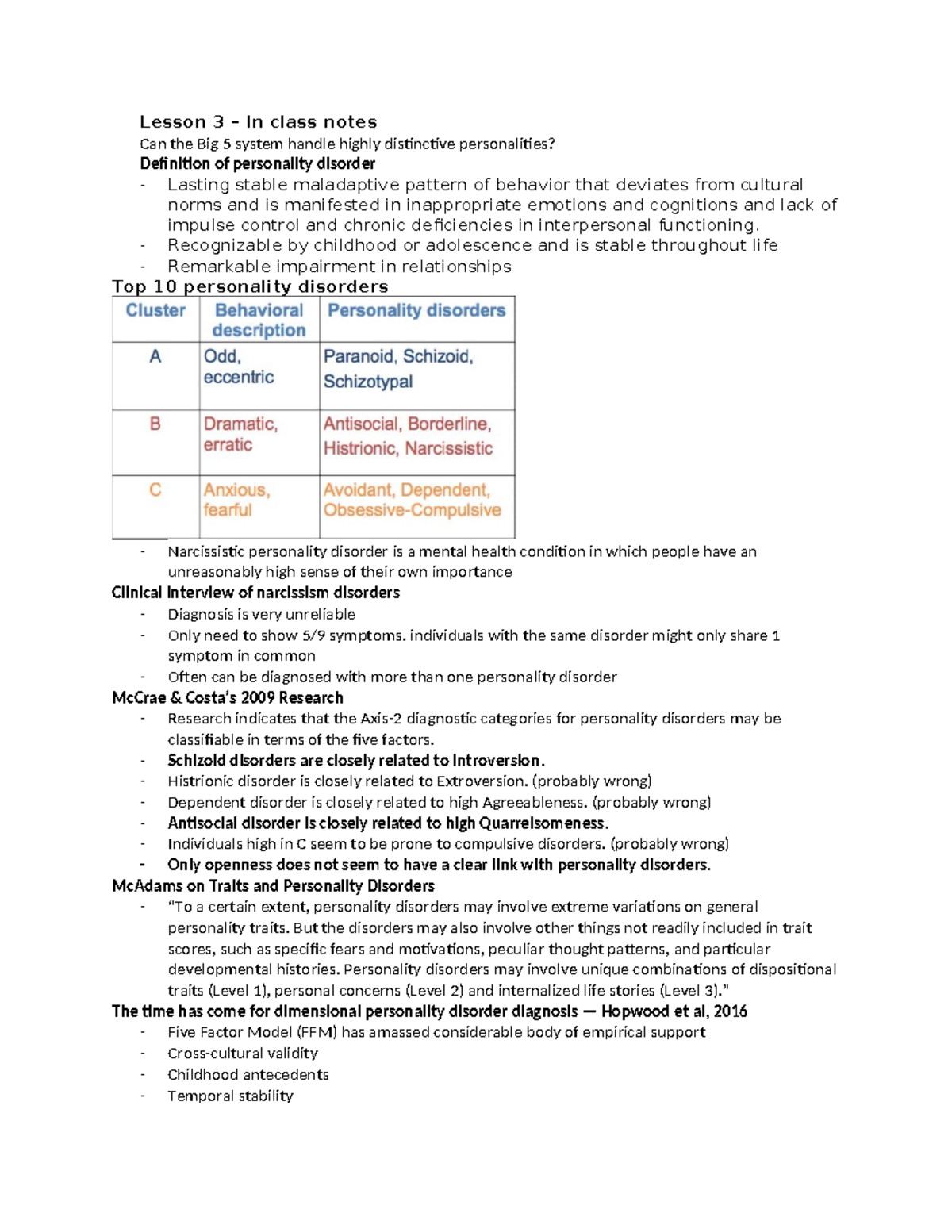 Lesson 3 psyc 321 - Lesson 3 – In class notes Can the Big 5 system ...