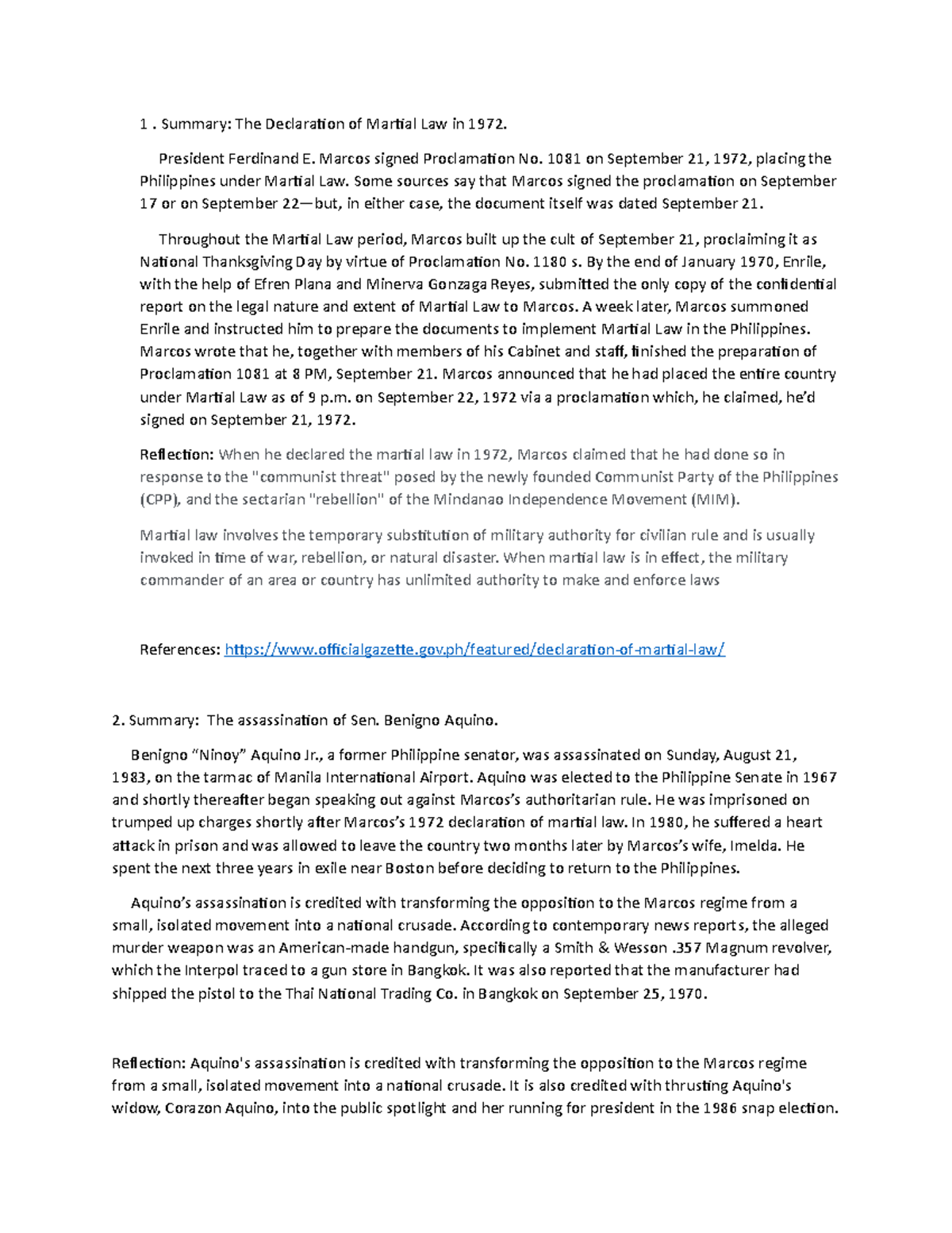 Reflection and References - Summary: The Declaration of Martial Law in ...