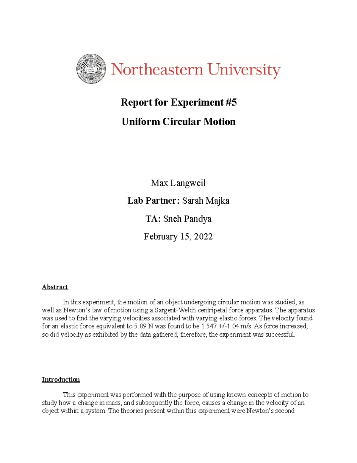 Lab report 3 - Report for Experiment Uniform Circular Motion Max ...