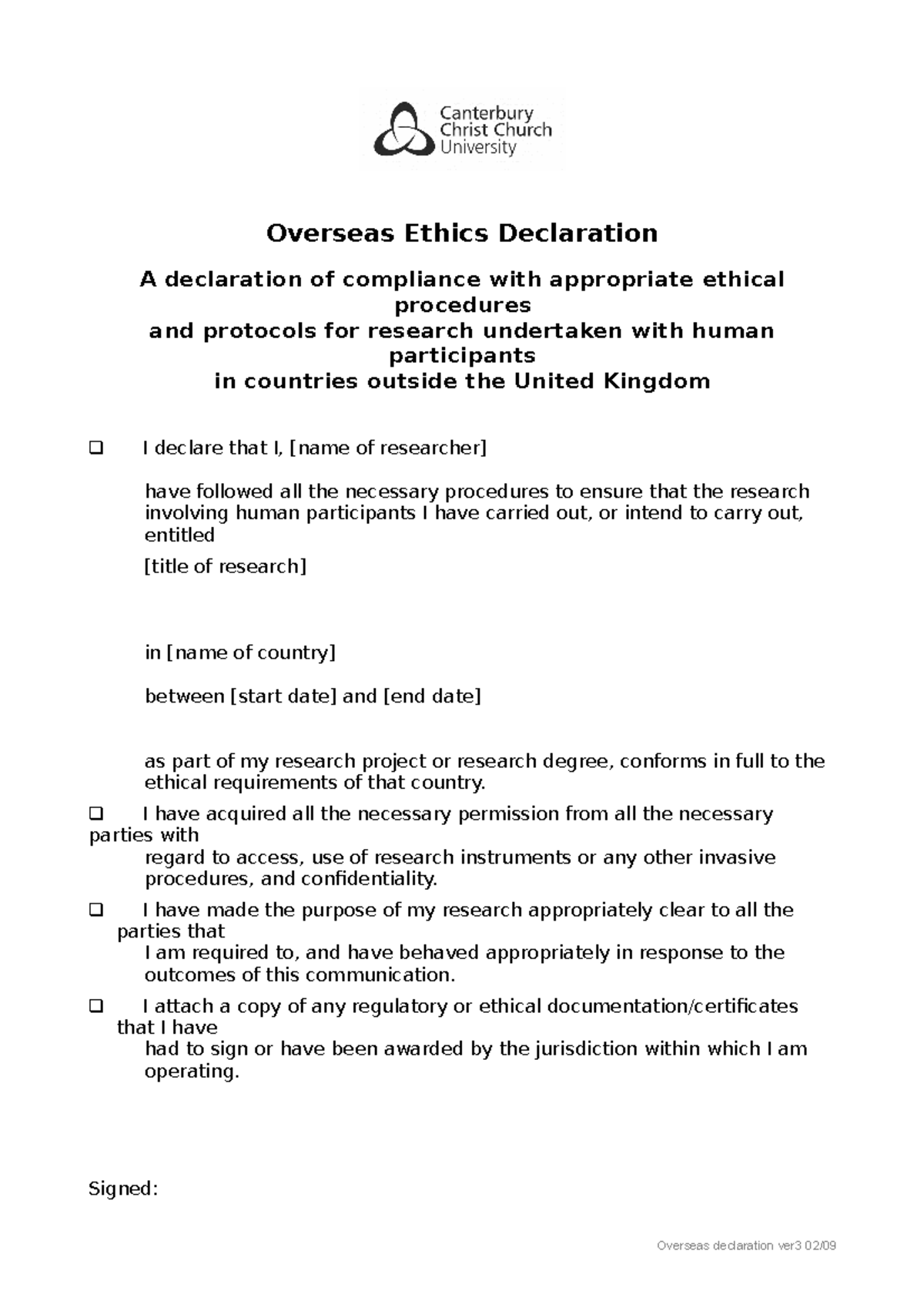 Overseas-Ethics-Declaration - Overseas Ethics Declaration A declaration of compliance with - Studocu