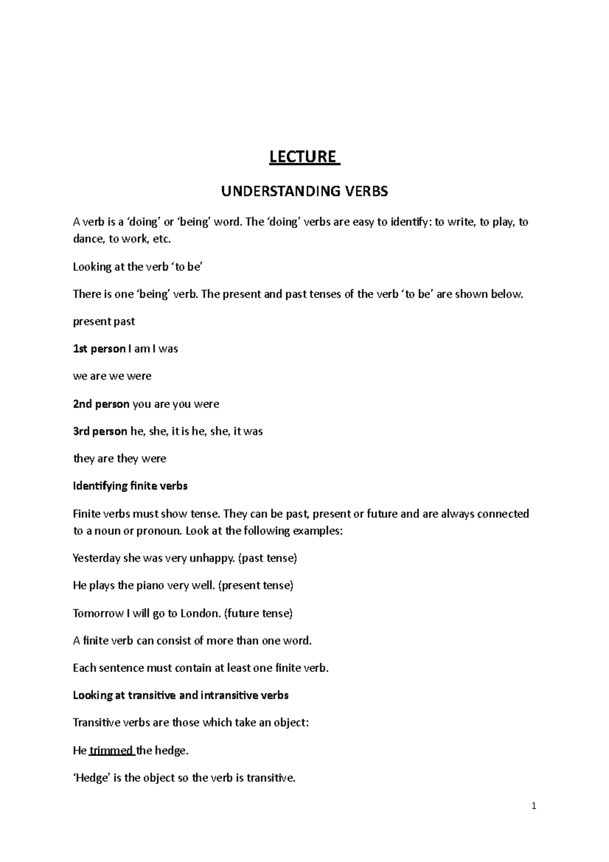 Written Expression L1 Cours 12 LECTURE UNDERSTANDING VERBS A Verb Is