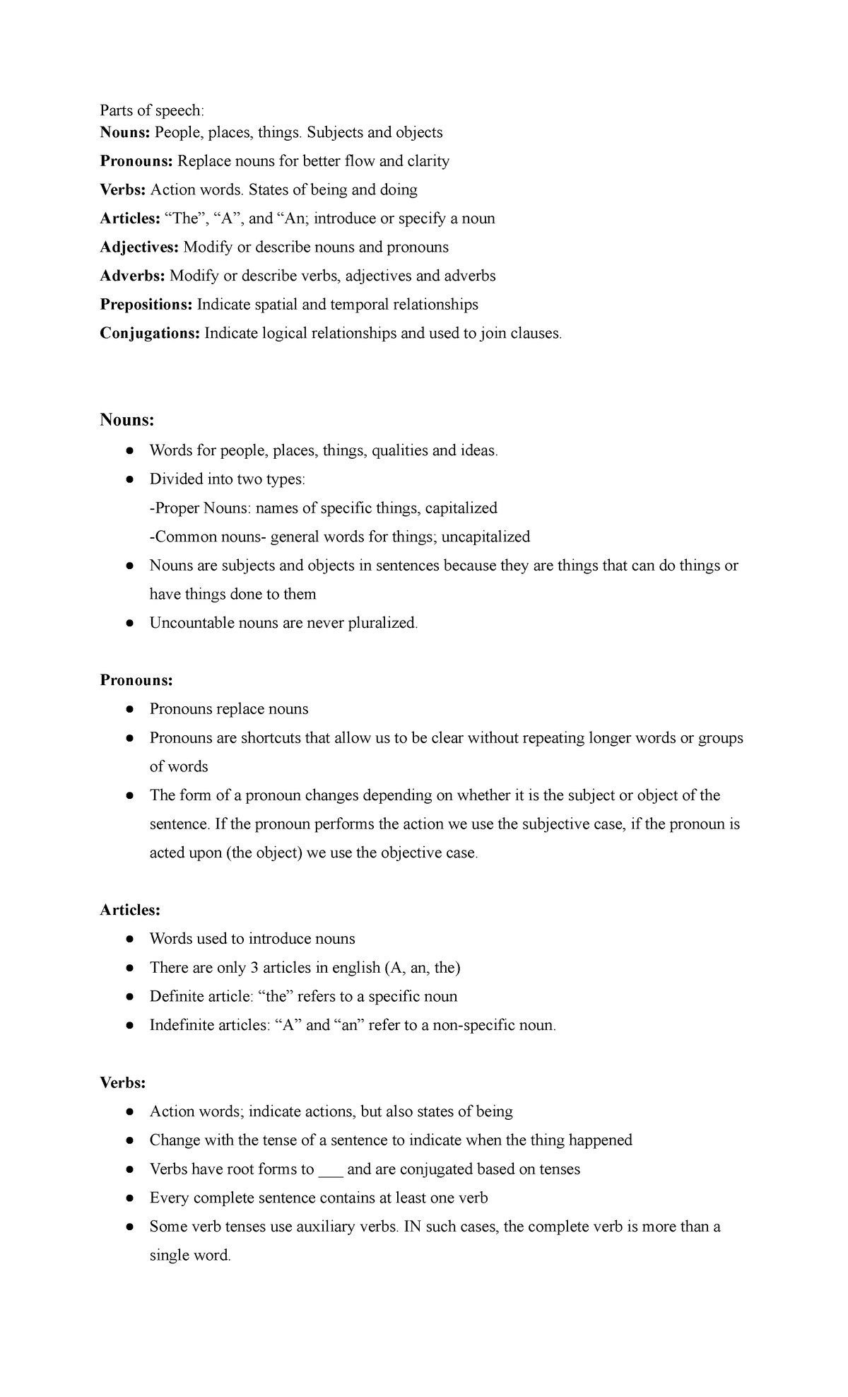 ENG grammar notes - Parts of speech: Nouns: People, places, things ...