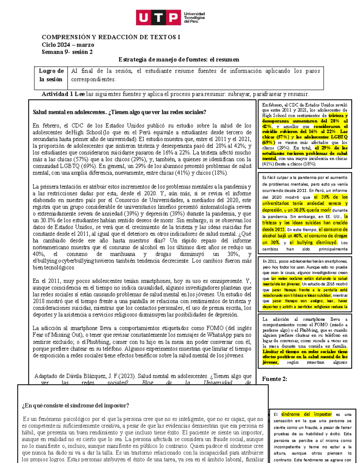 S09 s2+El+resum Euemjq - COMPRENSIÓN Y REDACCIÓN DE TEXTOS I Ciclo 2024 ...