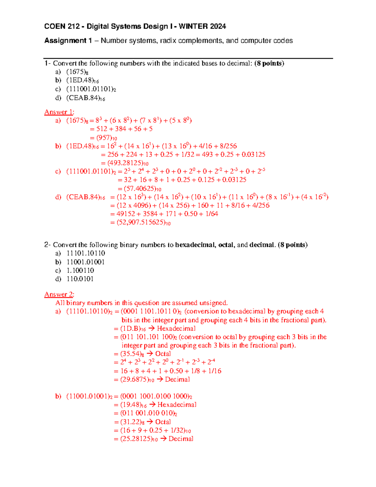 Assignment 1 Sol - Assignment 1 – Number systems, radix complements ...