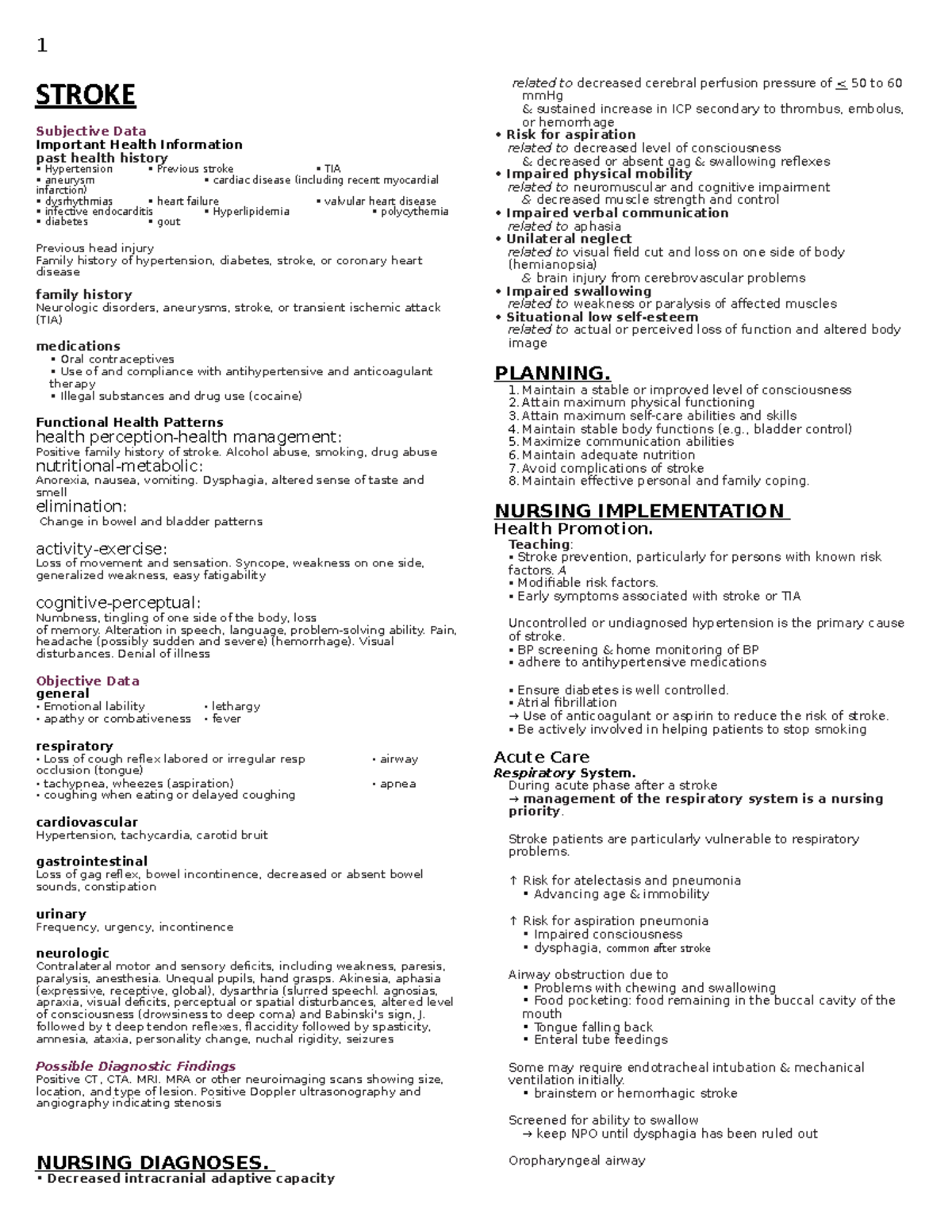 Stroke - 1 STROKE Subjective Data Important Health Information past ...