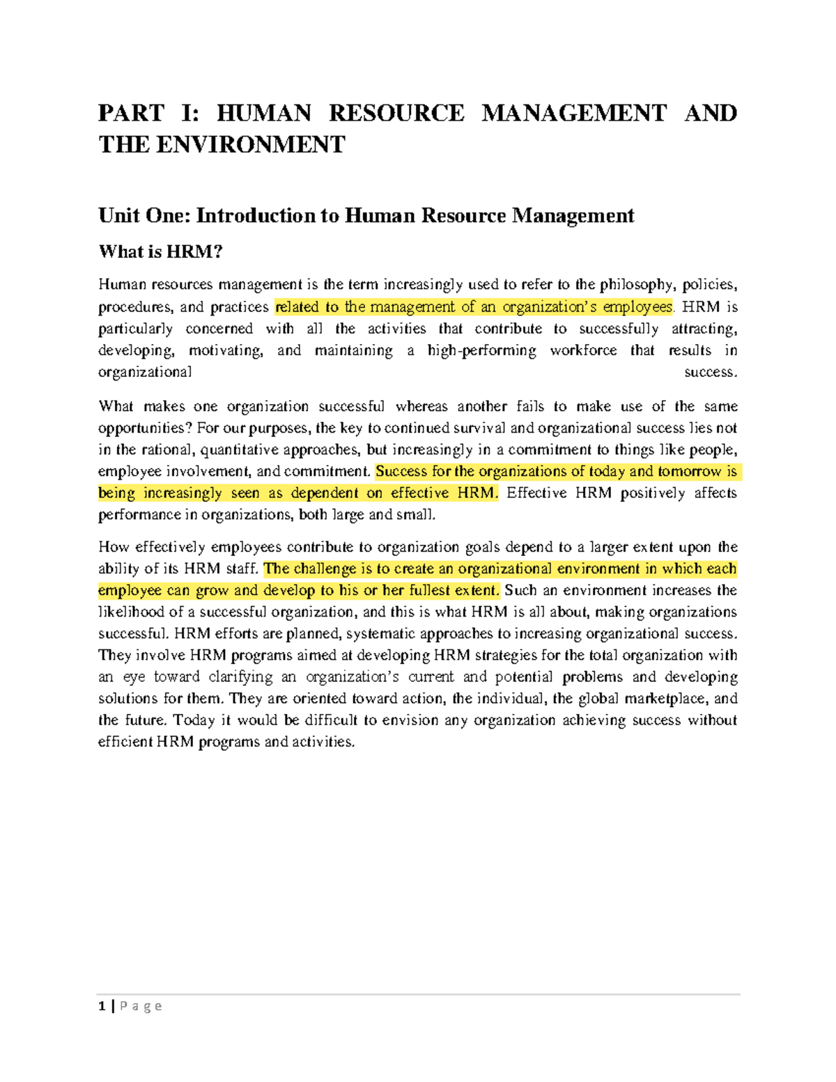 HRM Handout - PART I: HUMAN RESOURCE MANAGEMENT AND THE ENVIRONMENT ...