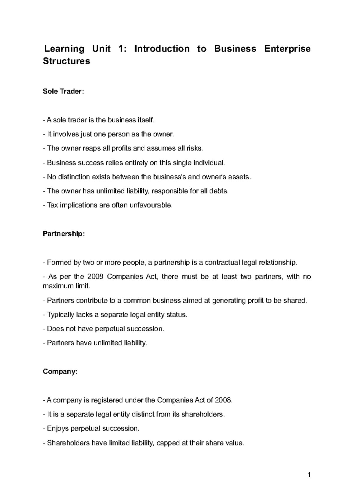 Law of Enterprise Structures Notes 1 - Learning Unit 1: Introduction to ...