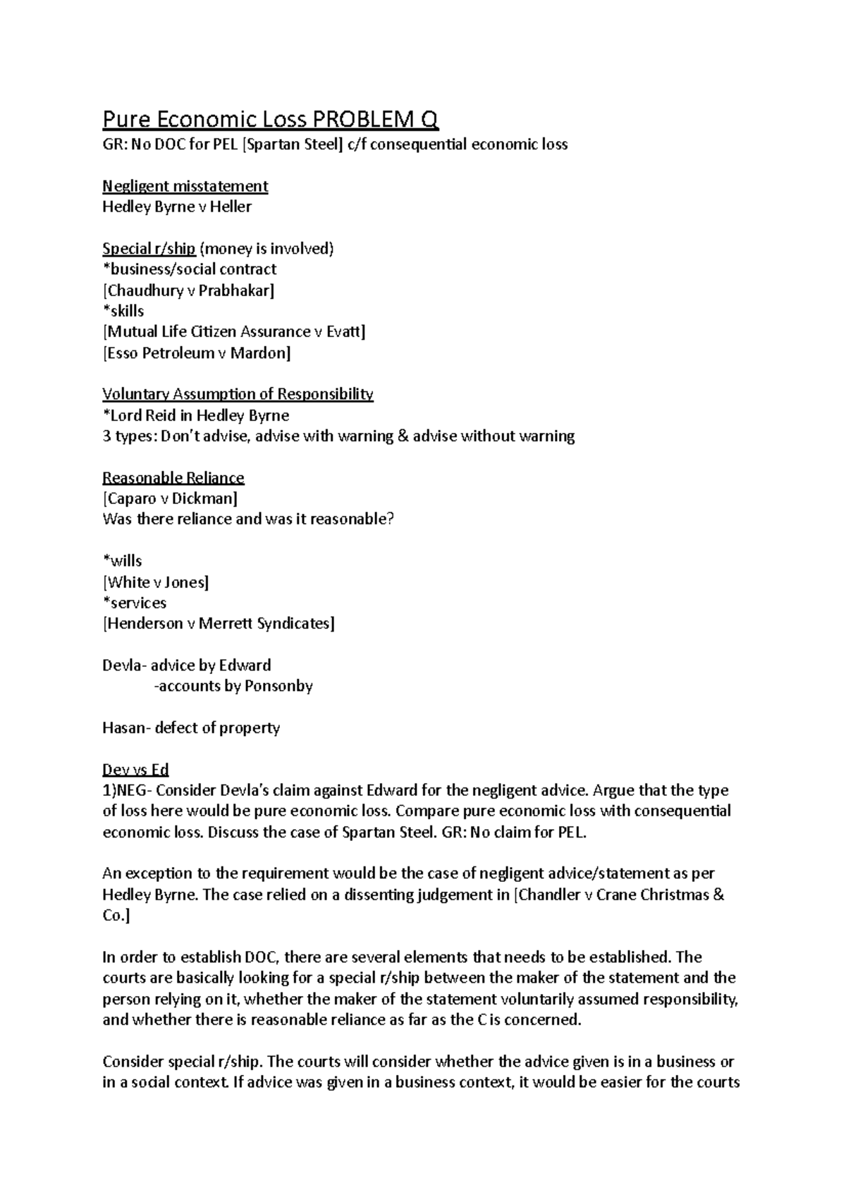 Pure Economic Loss Problem Q - Pure Economic Loss PROBLEM Q GR: No DOC ...