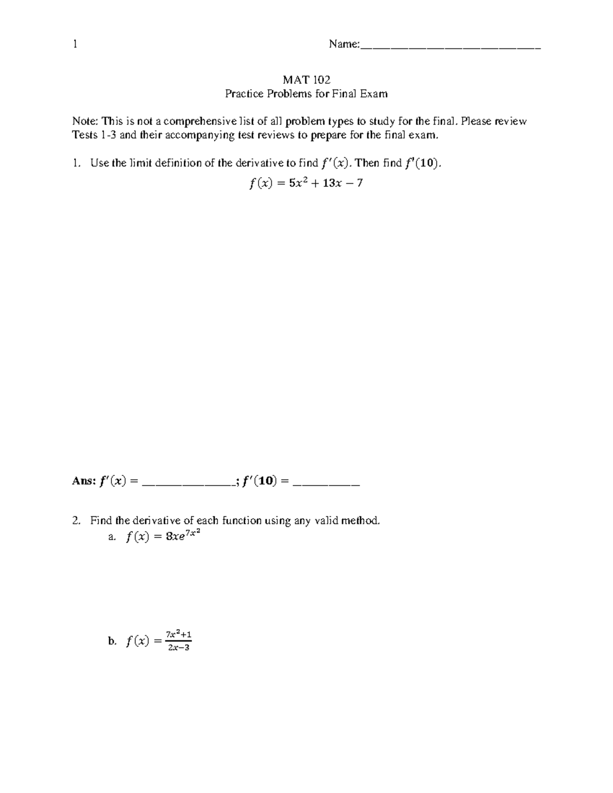 Brief Applied Calculus Final Study Guide - MAT 10 2 Practice Problems ...