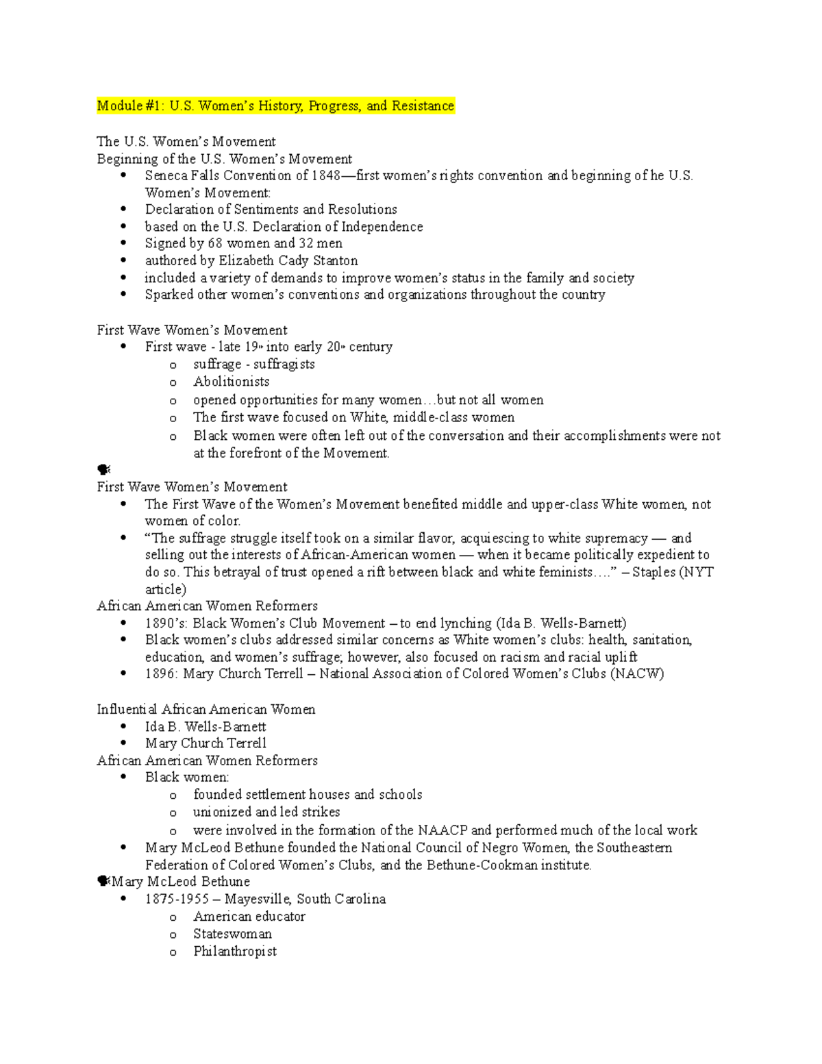 MOD 1 - study guide - Module #1: U. Women’s History, Progress, and ...