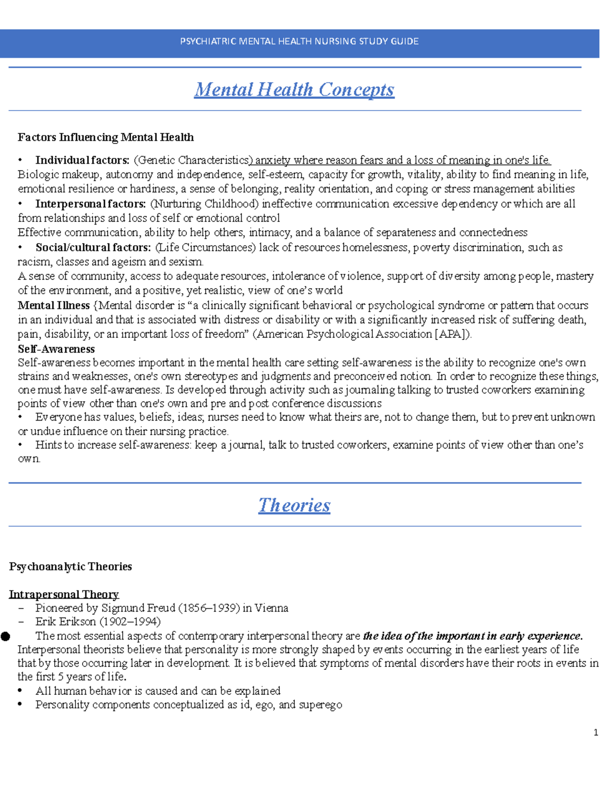 Psychiatric Final Study Guide - Mental Health Concepts Factors ...