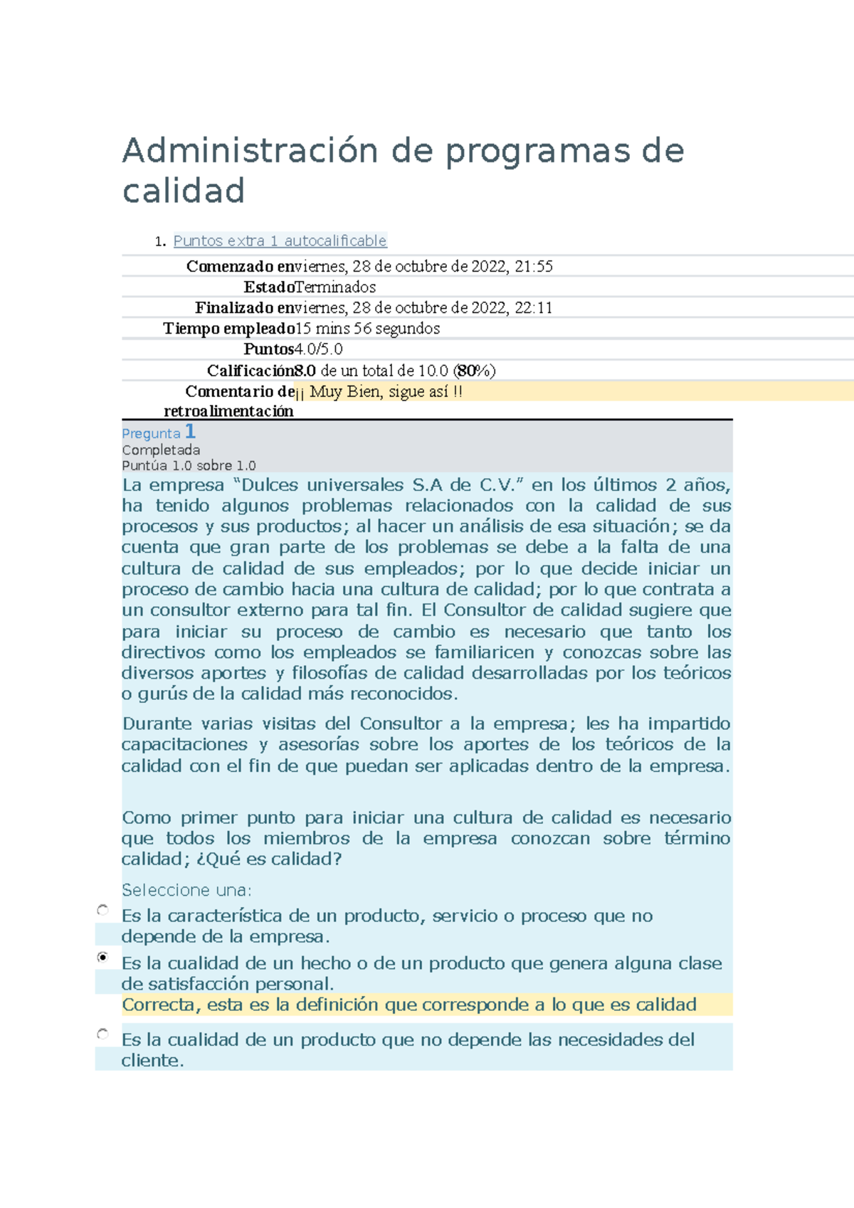 PE 1 Administración de programas de calidad - Administración de programas de calidad Puntos ...
