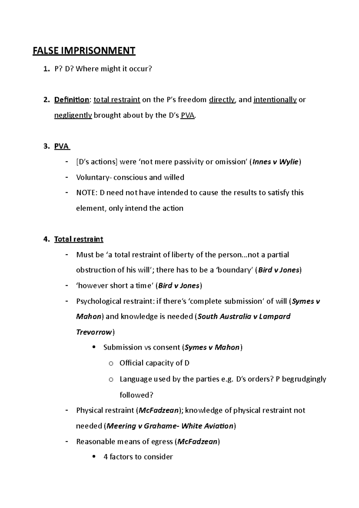 False Imprisonment structure/notes - FALSE IMPRISONMENT 1. P? D? Where ...
