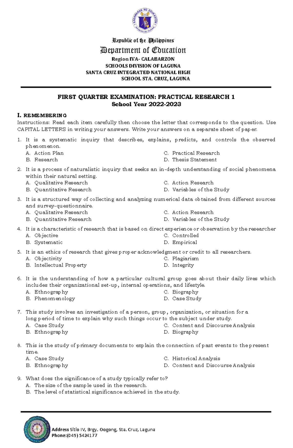PR1 1ST Quarterly-EXAM - Republic of the Philippines Department of ...