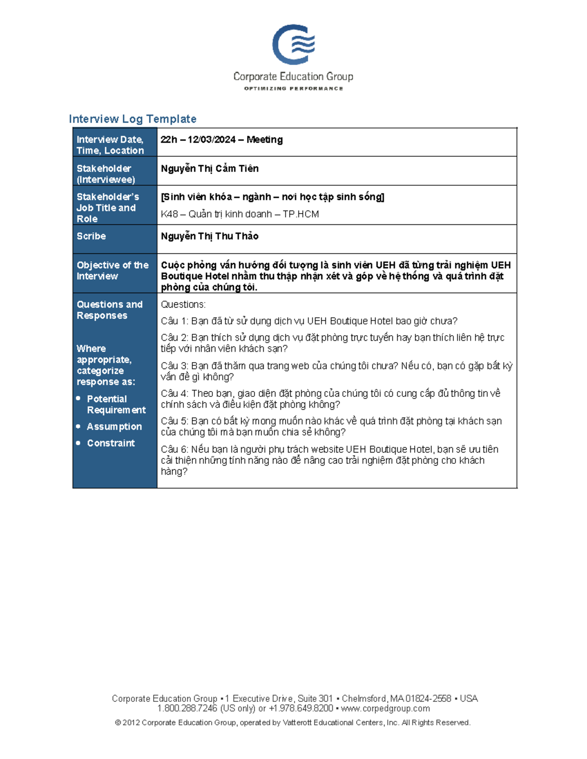 Đáp viên 5 - quesionairs - Interview Log Template Interview Date, Time ...