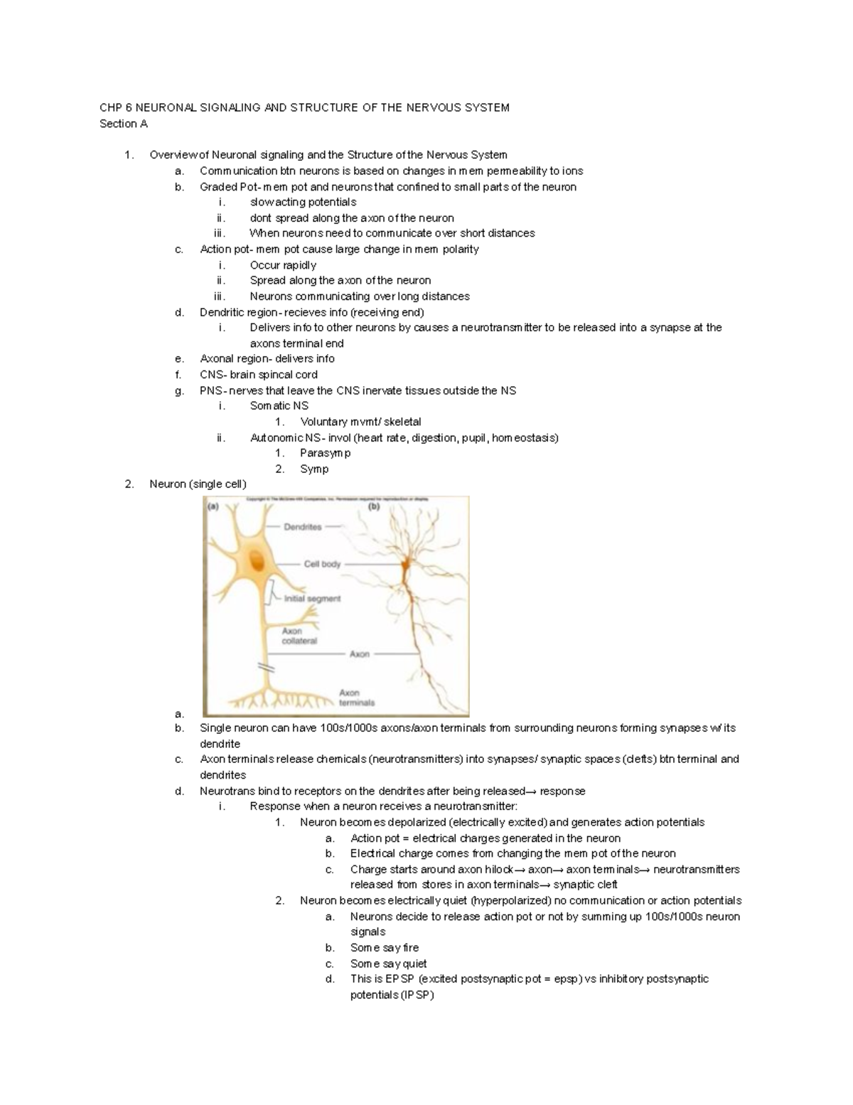 Exam1 - CHP 6 NEURONAL SIGNALING AND STRUCTURE OF THE NERVOUS SYSTEM ...