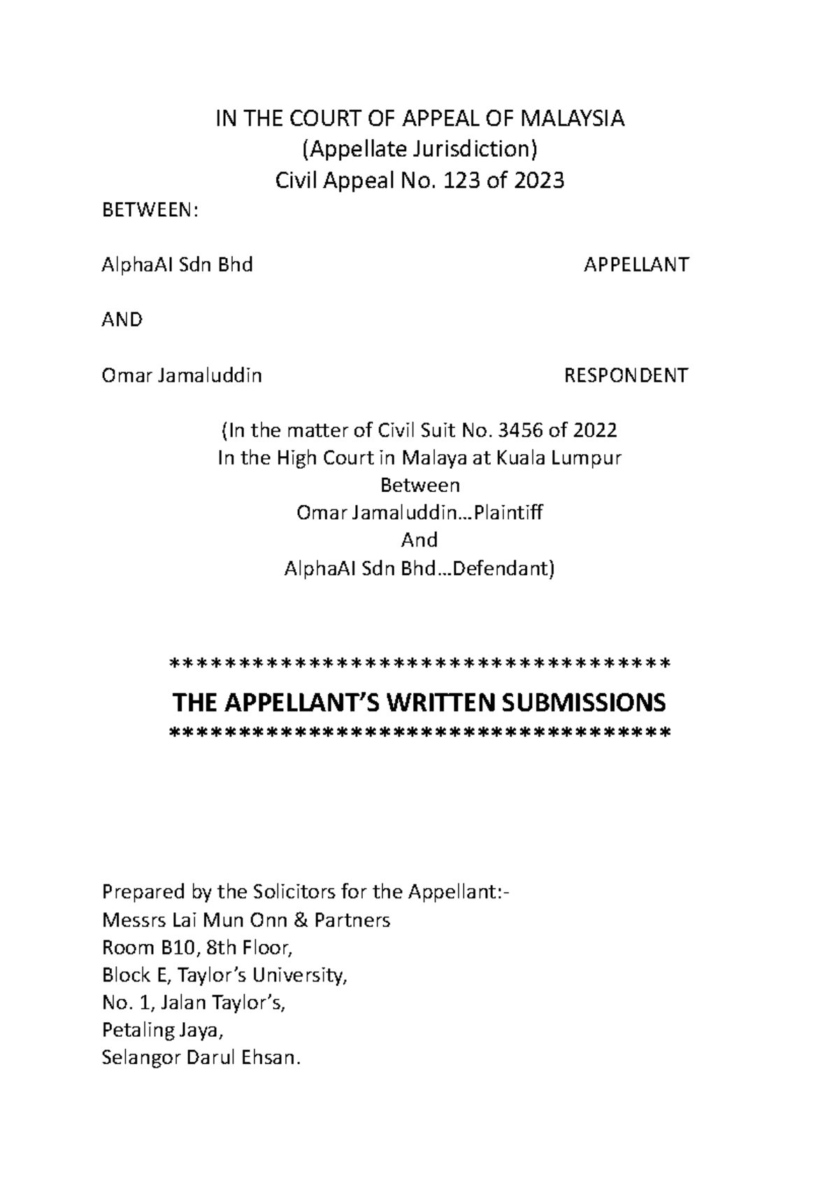 Sample Written Submissions (outline) - IN THE COURT OF APPEAL OF MALAYSIA (Appellate ...