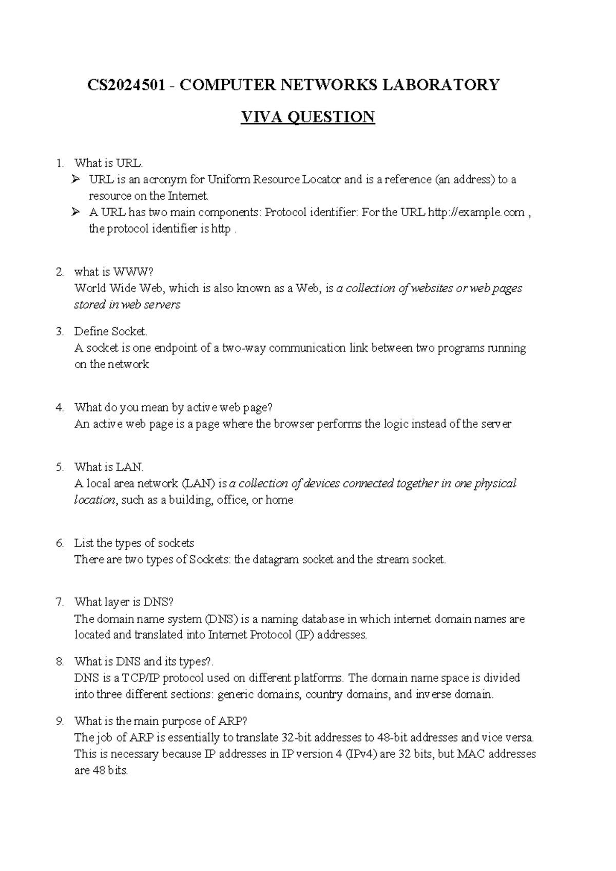 CS2024501 - VIVA Question - Computer Network - CS2024501 - COMPUTER ...