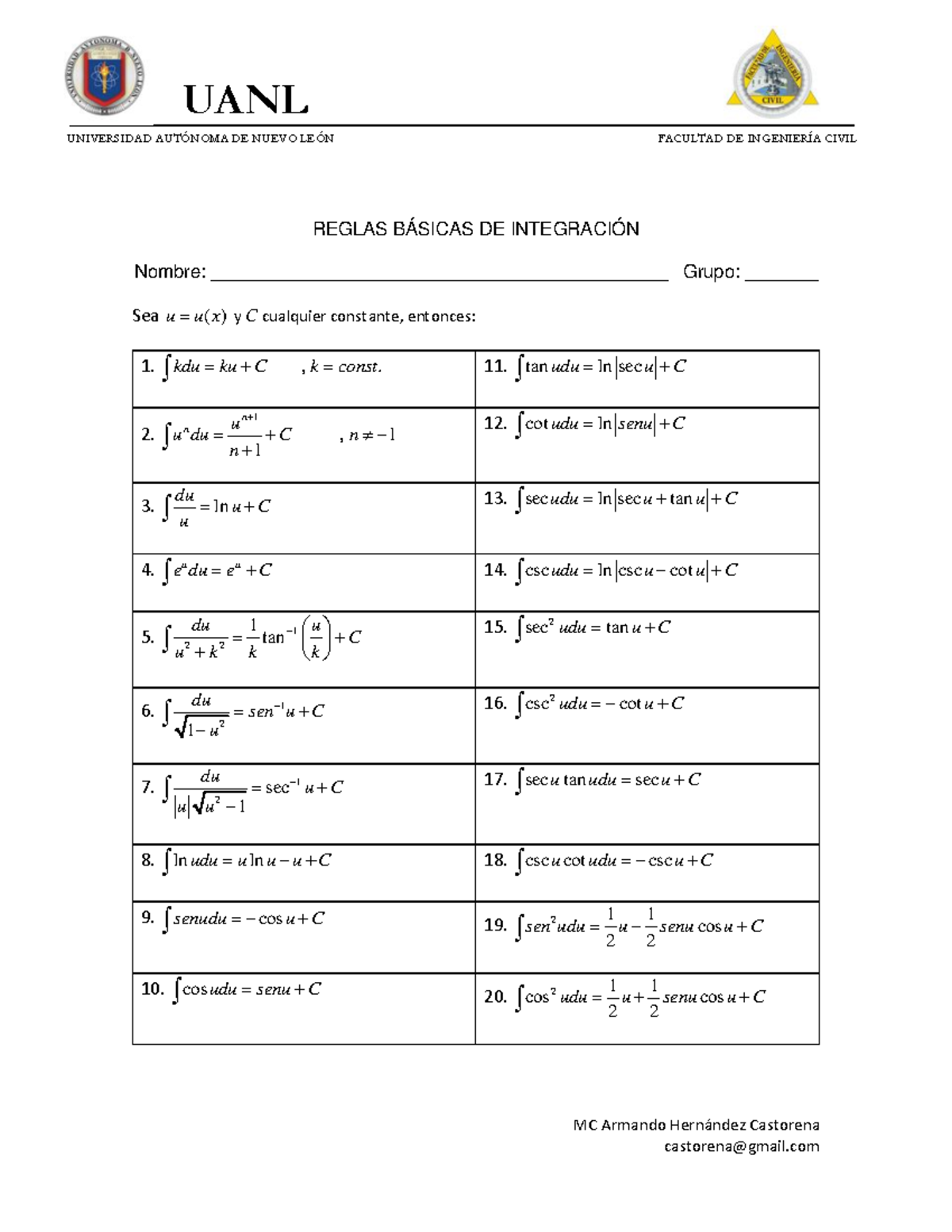 Formulario de integrales - Ecuaciones Diferenciales - UNAM - Studocu