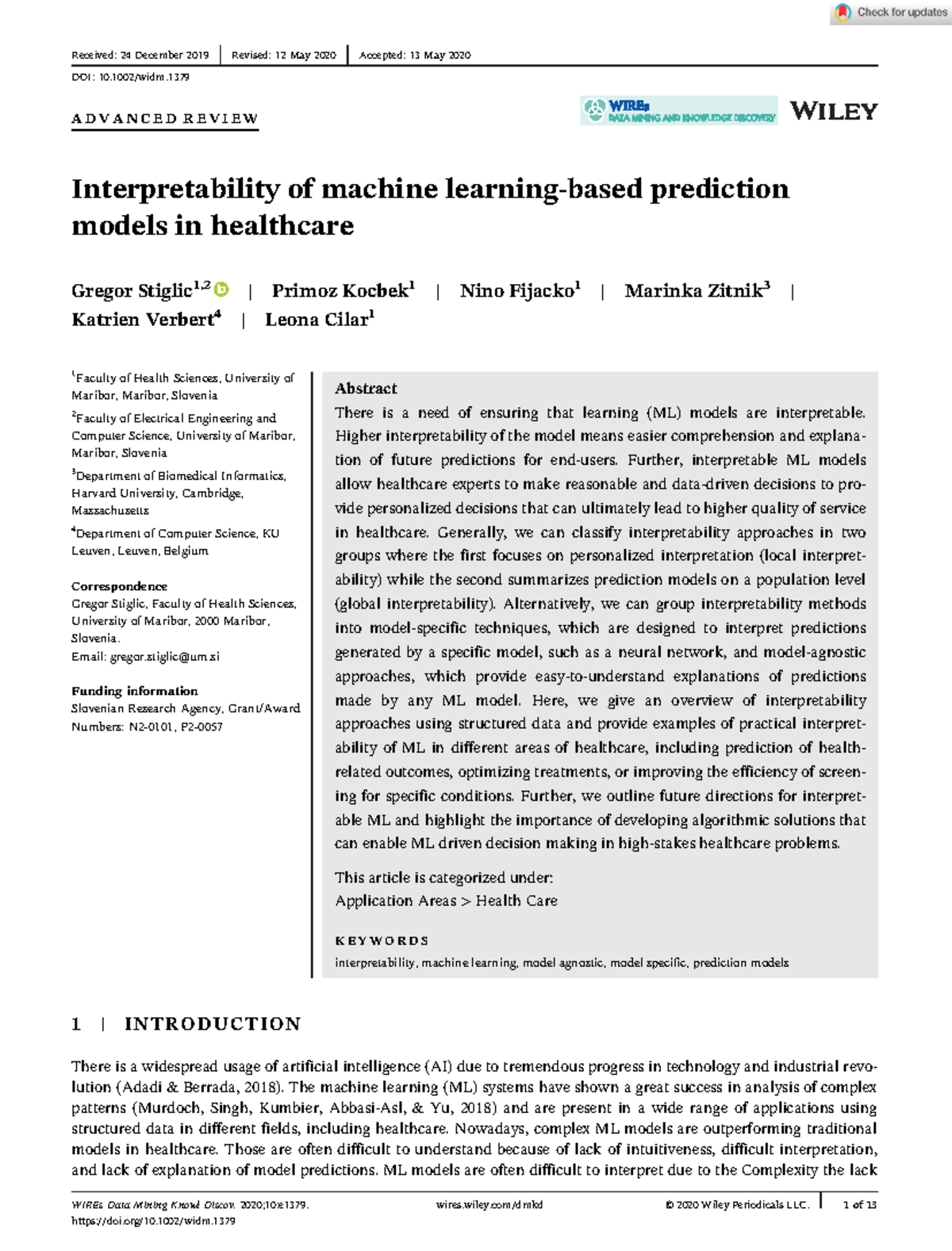 WIREs Data Min Knowl - 2020 - Stiglic - Interpretability of machine learning‐based prediction ...