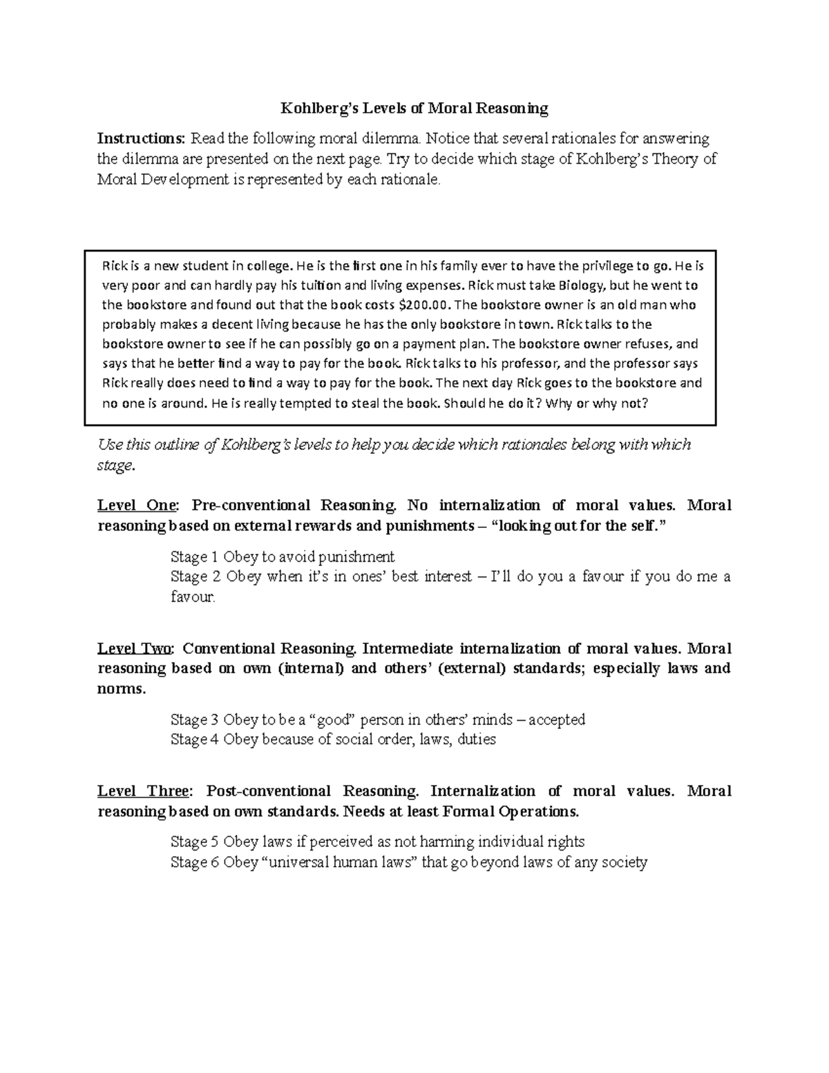 Kohlberg's Moral Development Worksheet - Answer KEY - Kohlberg’s Levels ...