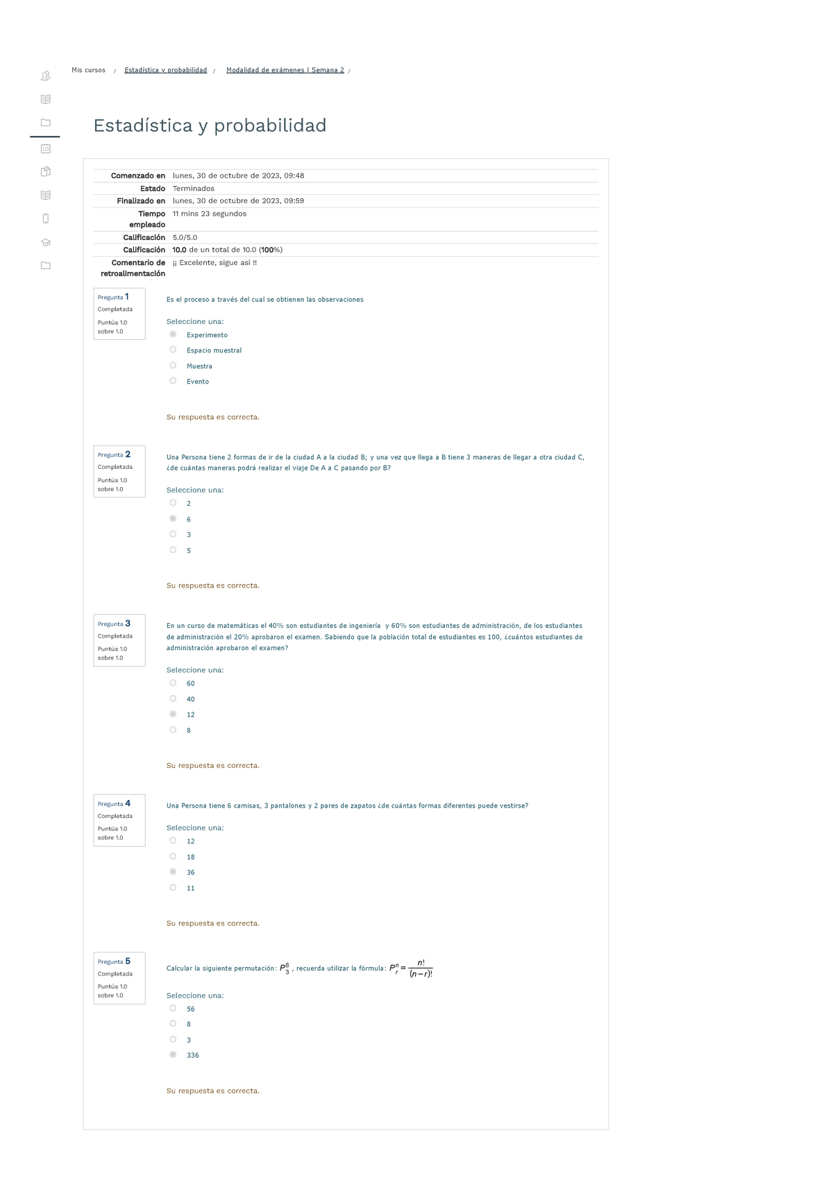 Modalidad de exámenes Semana 2 Revisión del intento Estadistica y ...